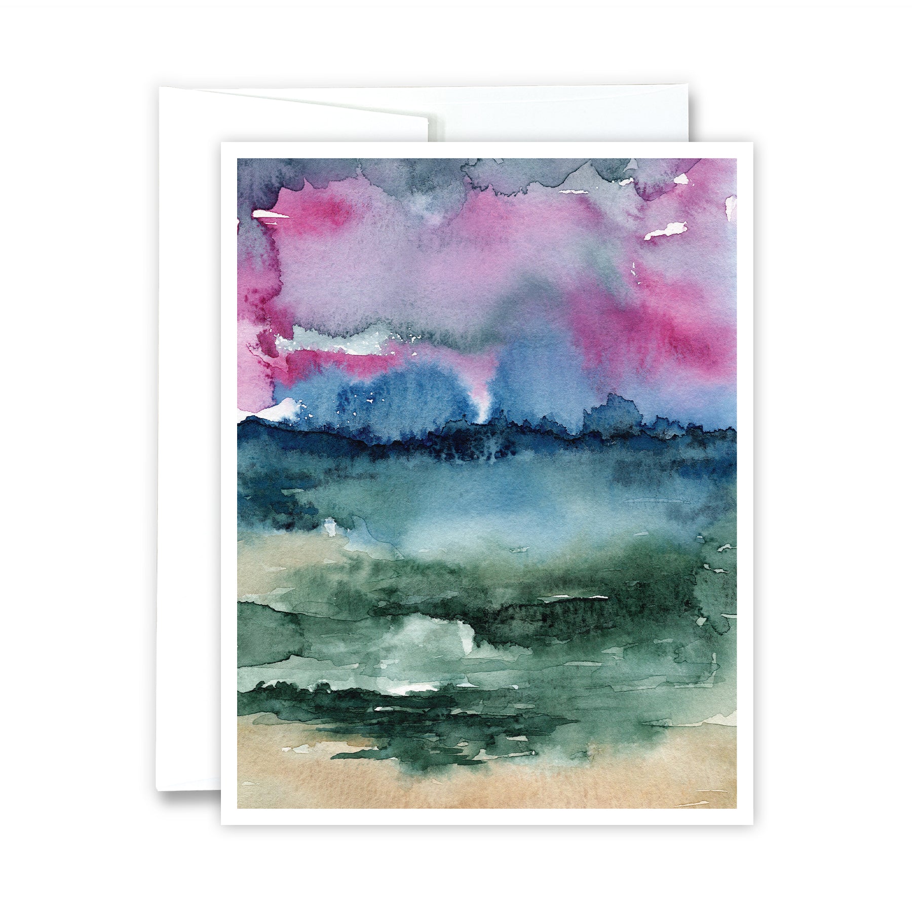 Abstract Watercolor Beach Landscape Greeting Card – Green Artist Designs